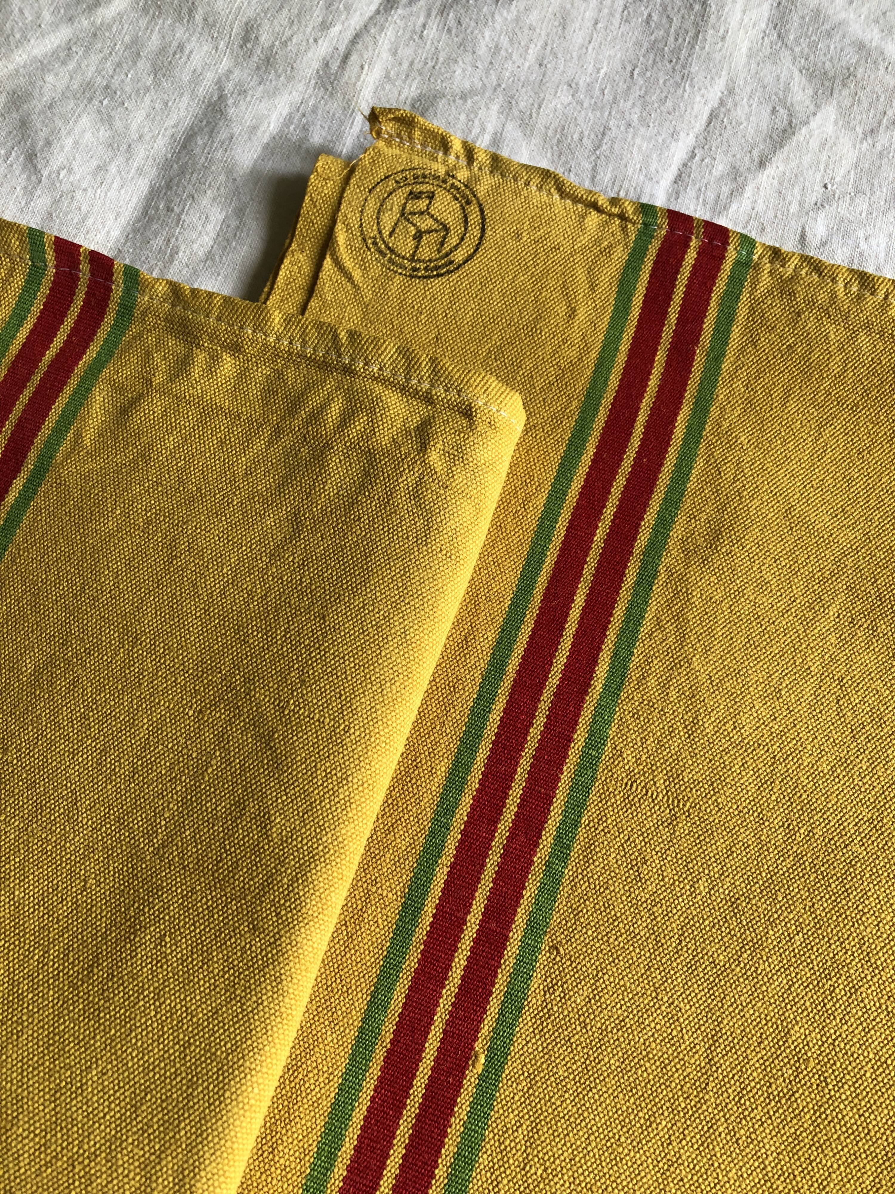 Torchon ancien en lin et coton jaune tournesol | Selency