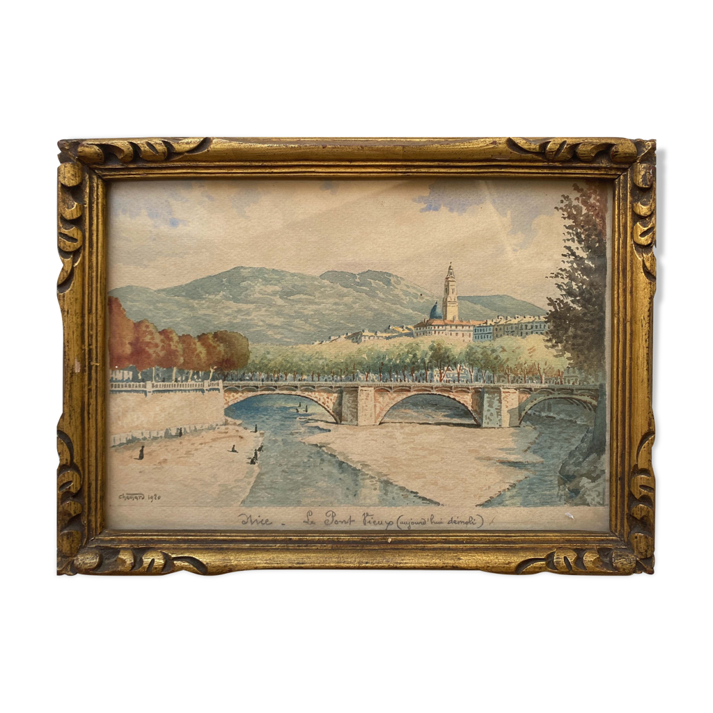 Tableau aquarelle "Pont vieux de Nice" en 1920 signé Chamard & cadre ...