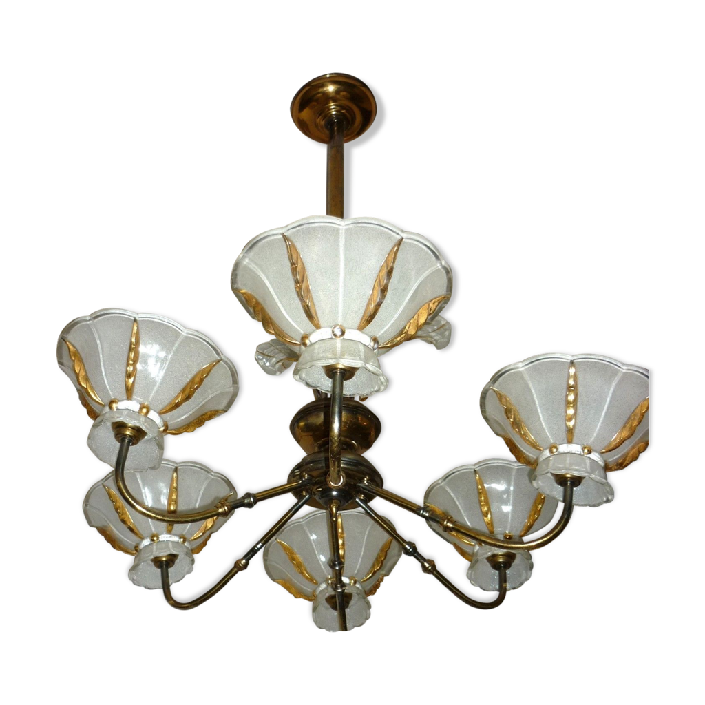 Lustre art deco signé Ezan France verre doré et laiton | Selency
