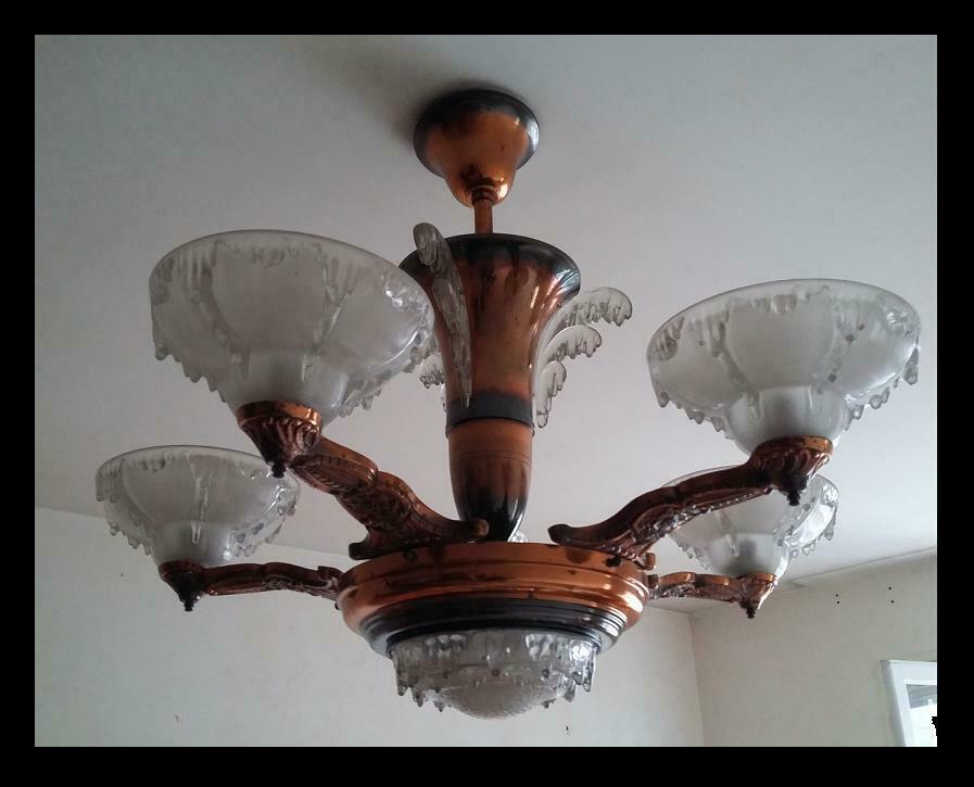 Ancien lustre art deco Ezan cuivre & verre presse moulé opalescent 1930 ...
