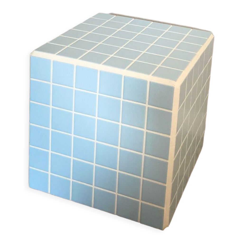 Cube bout de canapé carrelage mosaïque bleu et joint crème | Selency