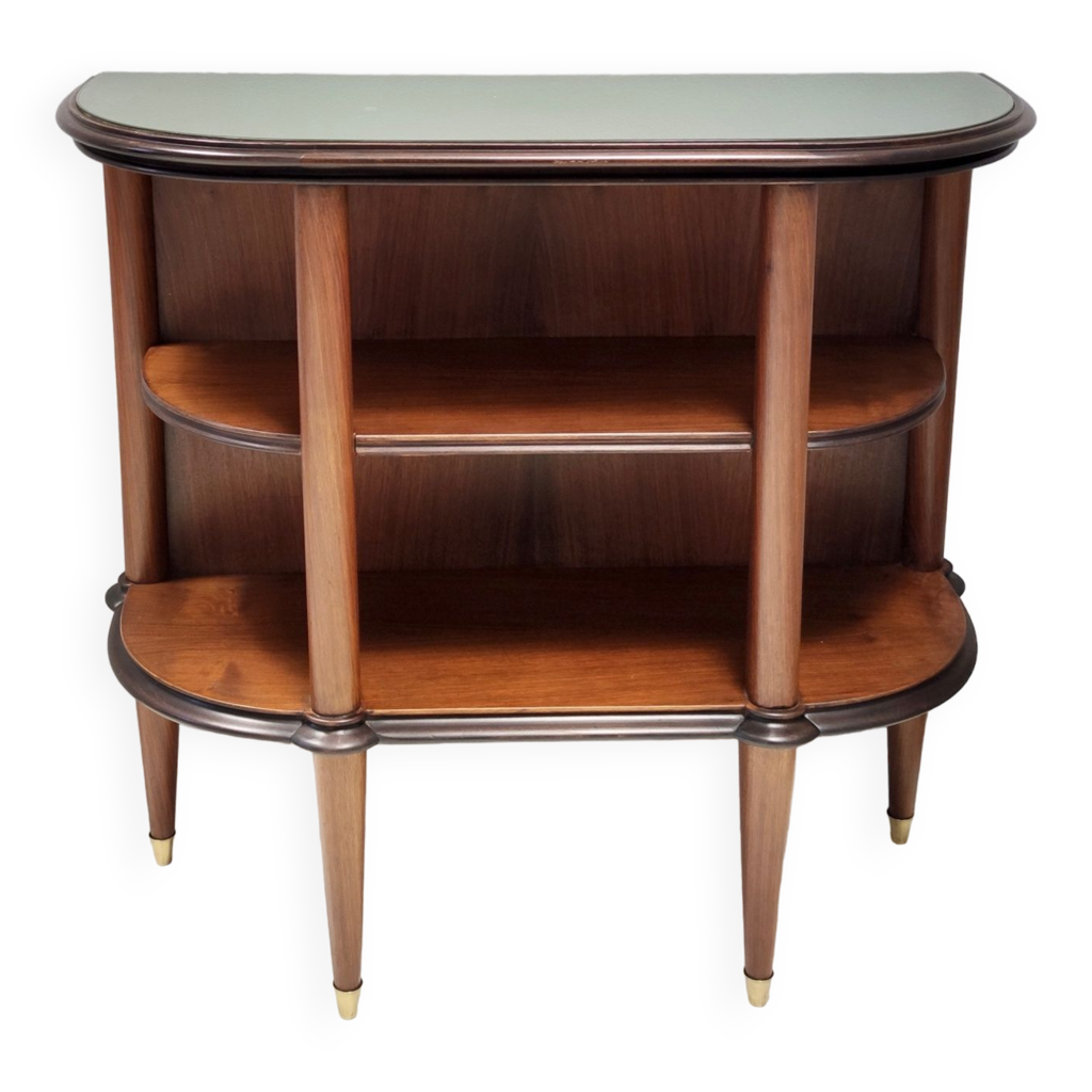 Table console vintage en noyer avec plateau en verre vert clair Demilune et deux étagères ...
