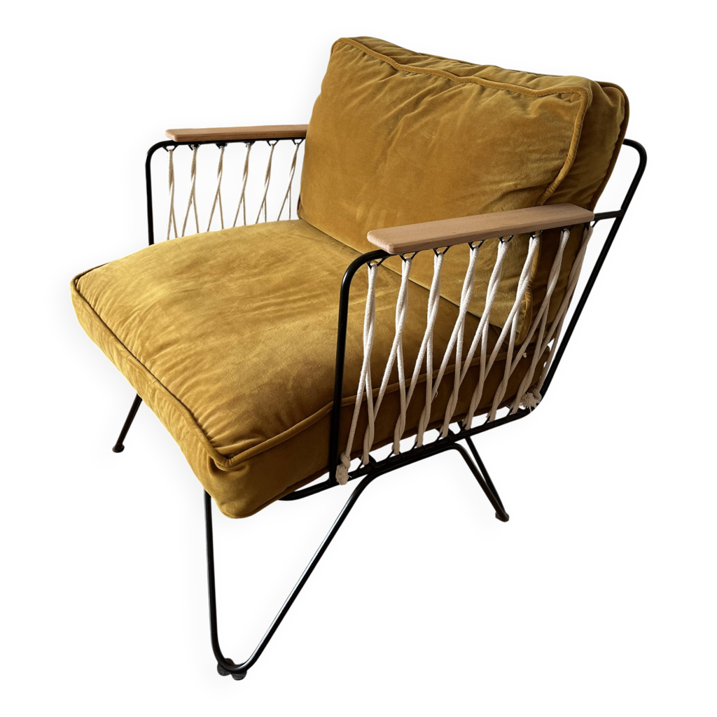 Fauteuil Honoré Croisette métal noir - velours moutarde parfait état ...