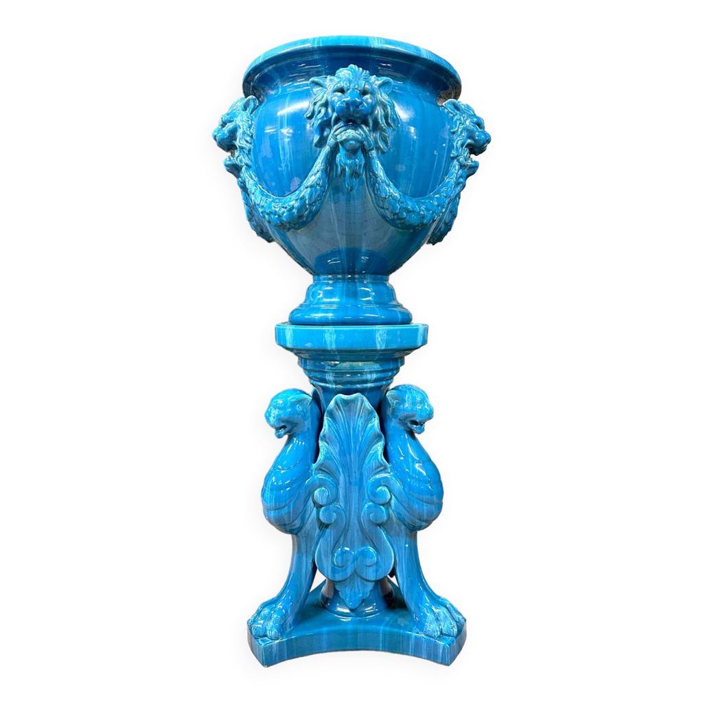 Clément massier - jardiniere ou cache pot sur colonne en faïence bleue ...