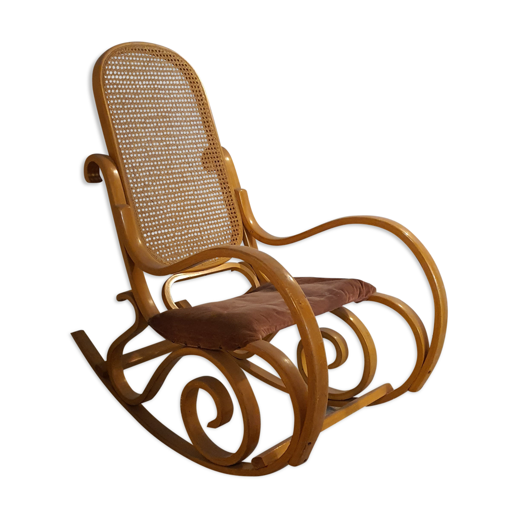 Rocking-chair ancien années 70 en bois et rotin | Selency