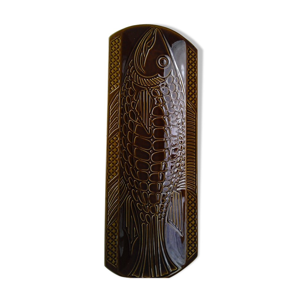 Plat 61cm brun kaki Digoin relief poisson | Selency