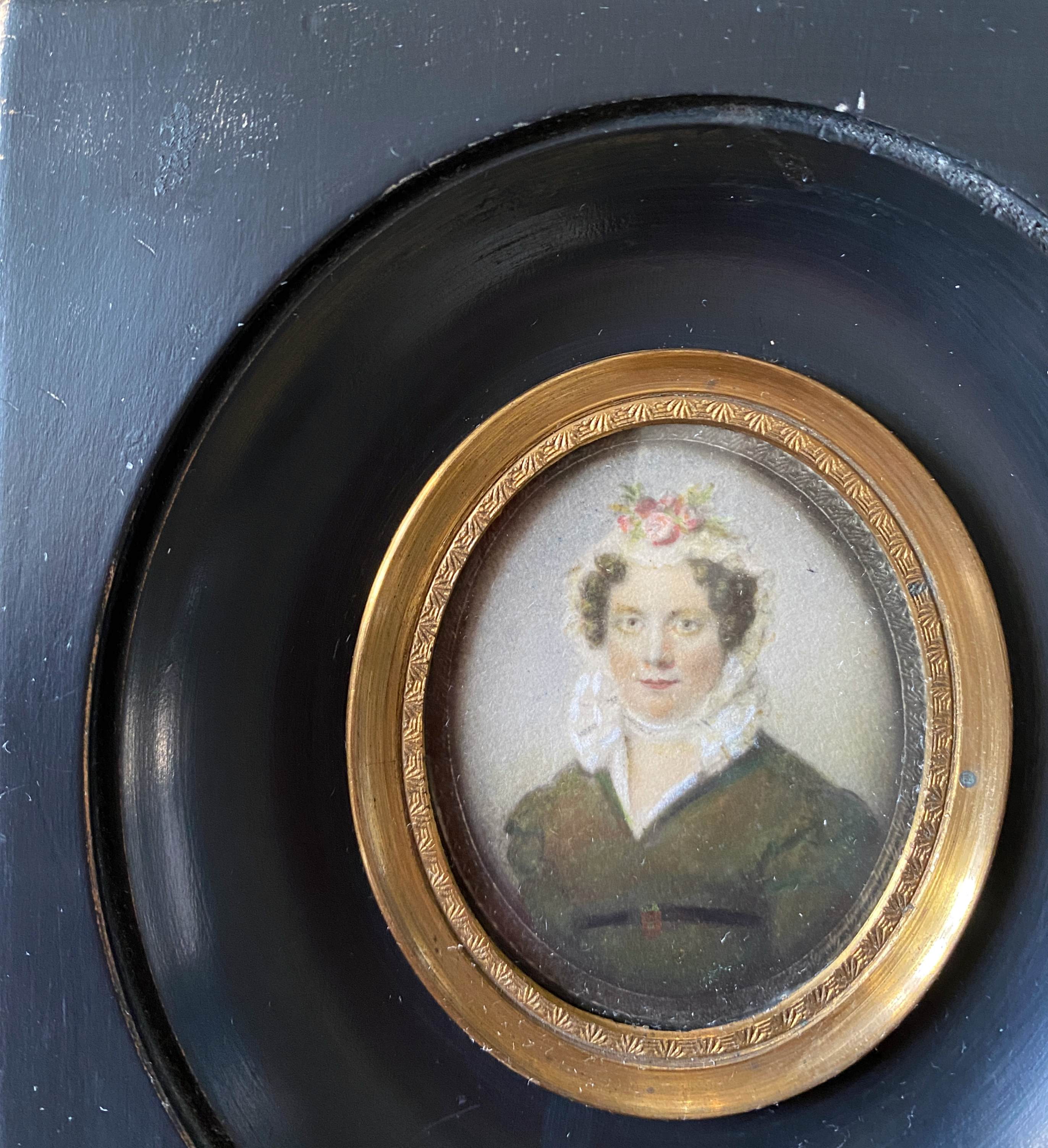 Tableau Miniature ancienne "Portrait de femme aux fleurs" & cadre | Selency