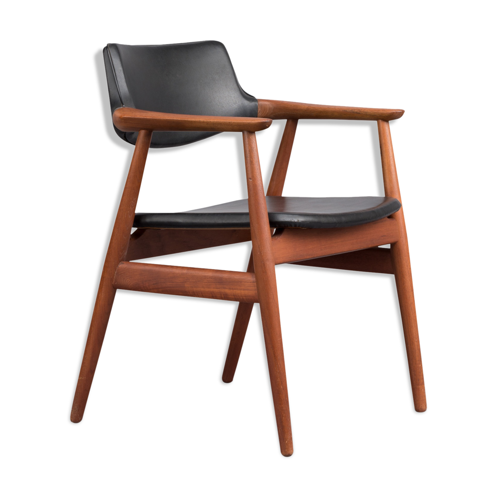 Chaise en teck et cuir danois par Erik Kirkegaard pour Høng Stolefabrik ...