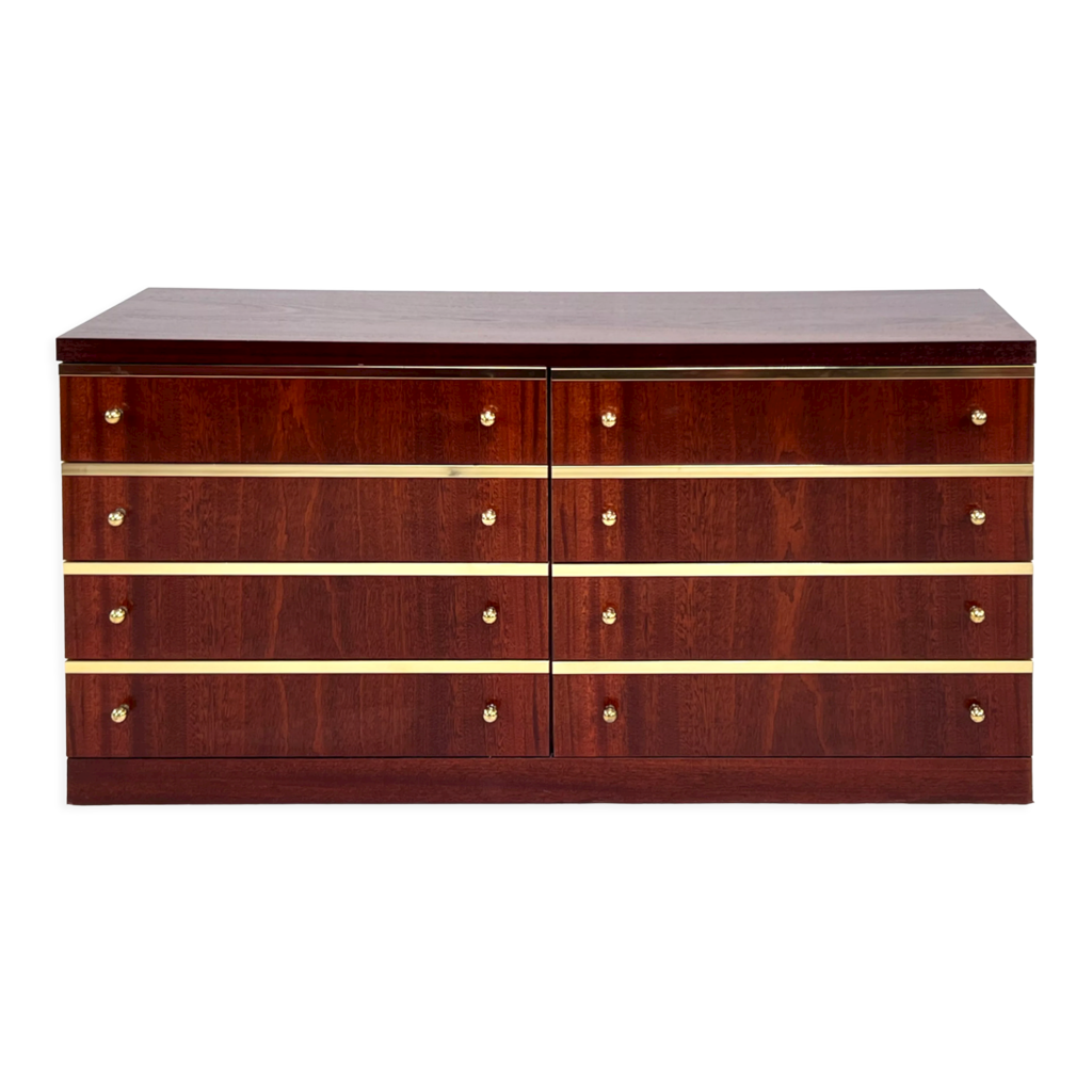 Commode 8 tiroirs bois et laiton années 70 | Selency