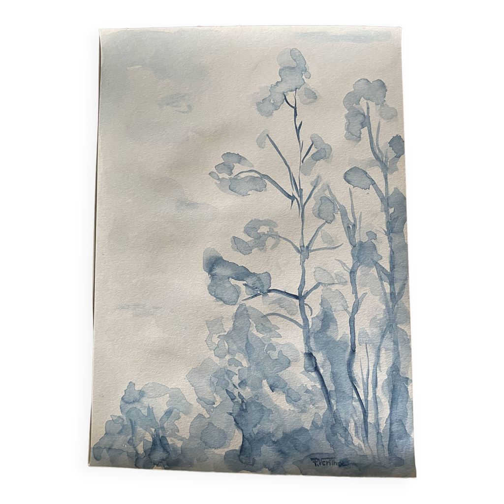 Tableau signé aquarelle monochrome « la forêt bleue » | Selency