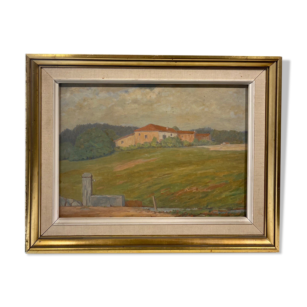 Tableau ancien, paysage champêtre milieu du xx siècle | Selency
