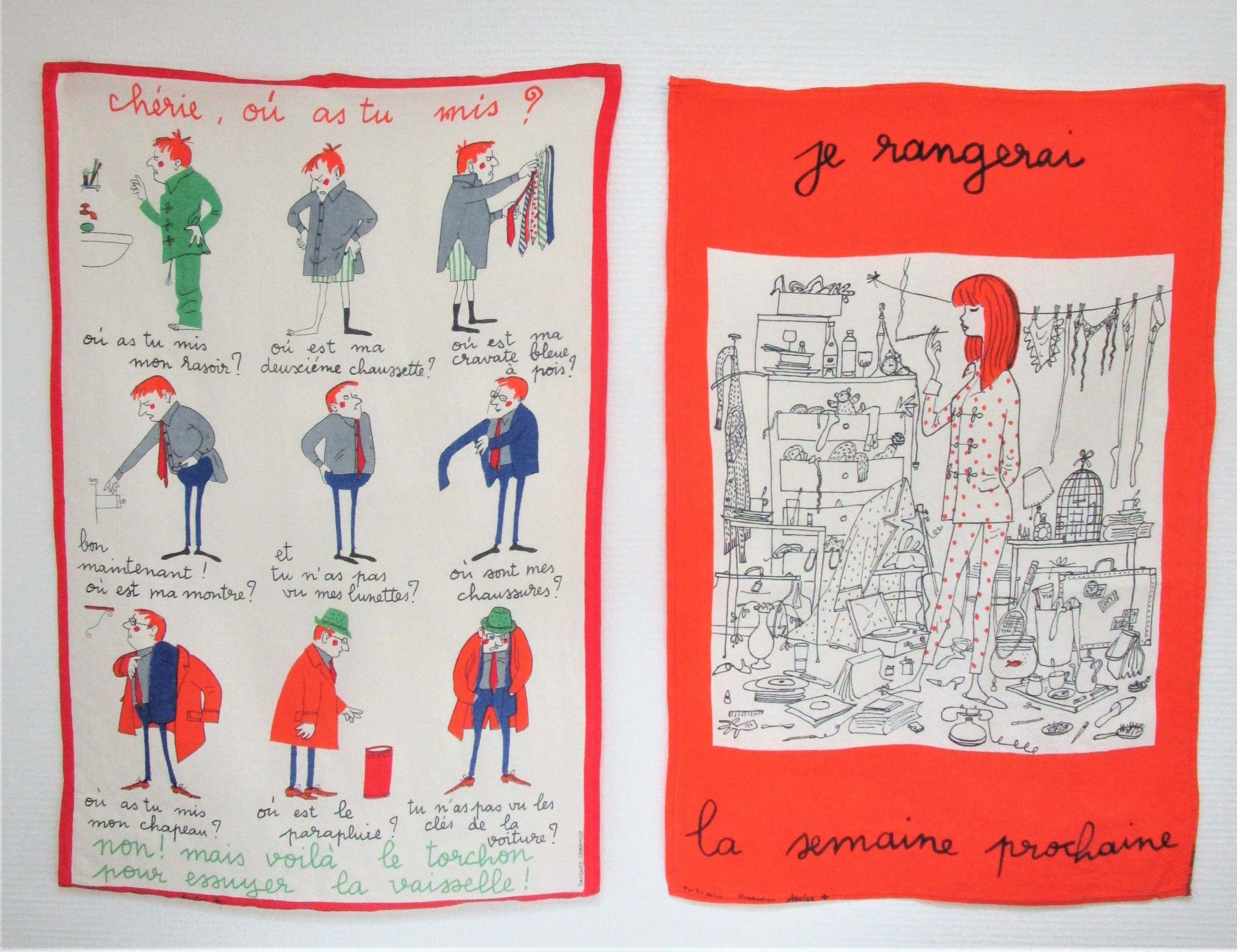 Deux torchons pur lin illustrés par Jacques Charmoz design années 60 ...