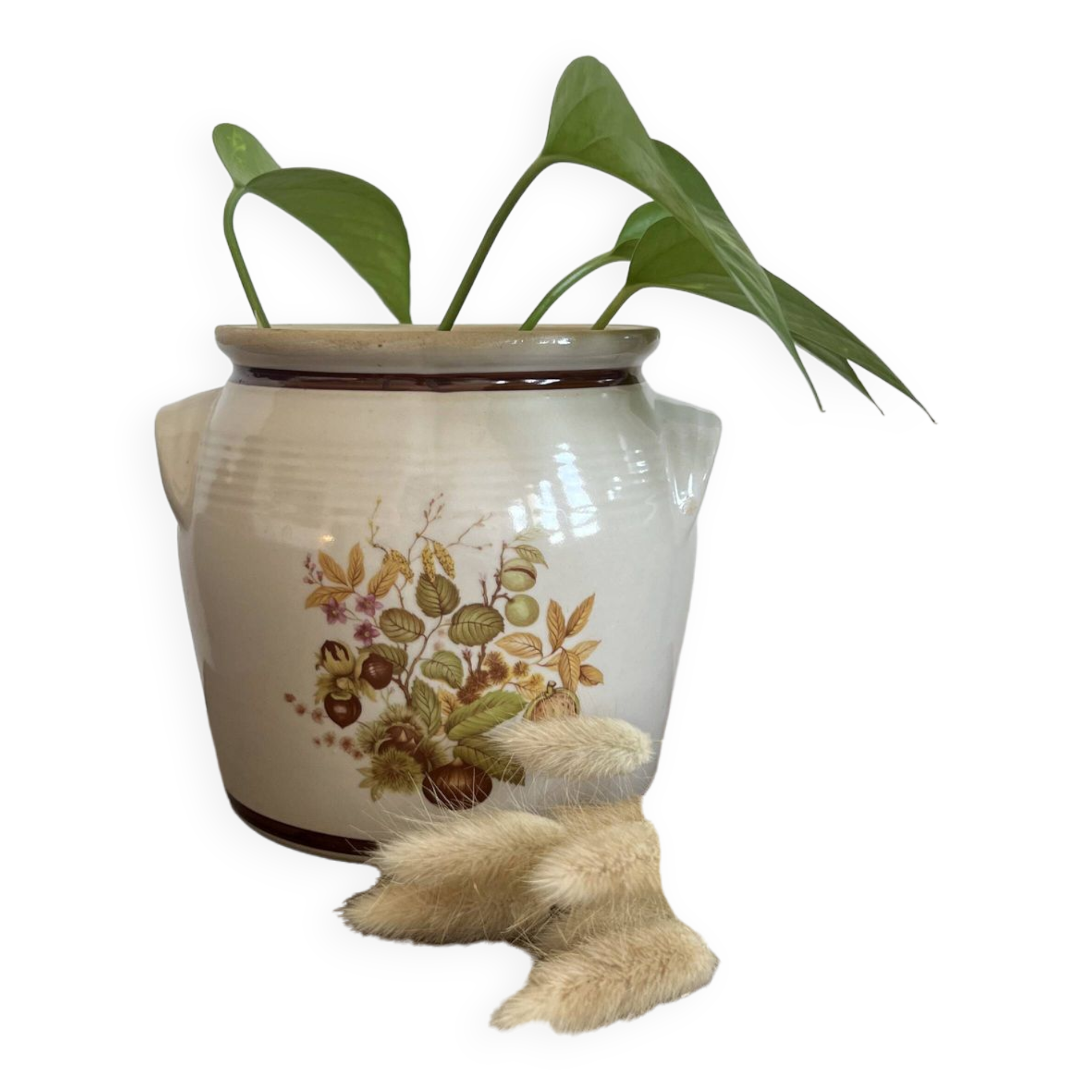 Cache-pot vintage en grès avec poignées - Motif automnal | Selency