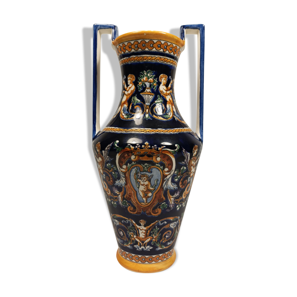 Vase amphore grand modèle Gien, décor Renaissance fond bleu. | Selency