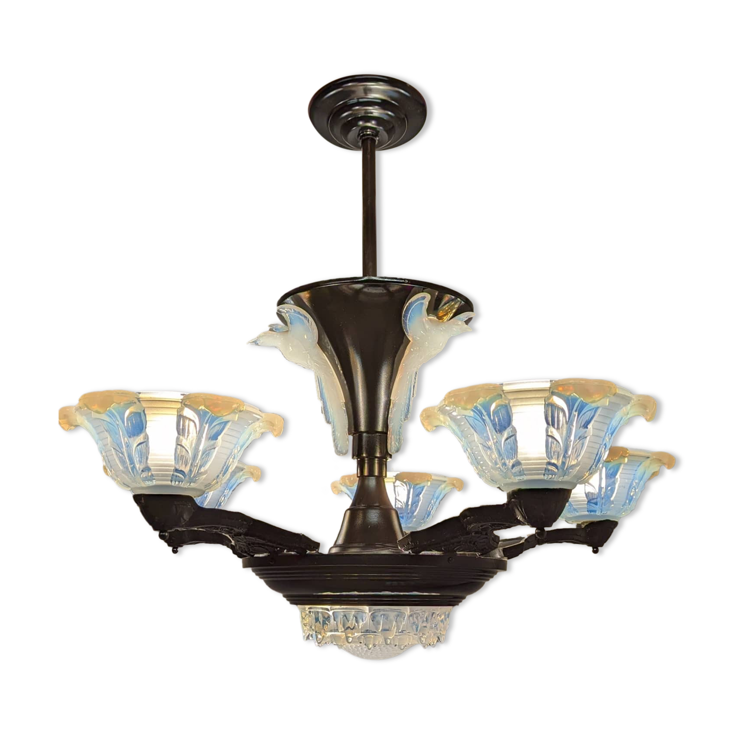 Lustre art déco oiseaux signé ezan verre bleu opalescent ancien sabino ...