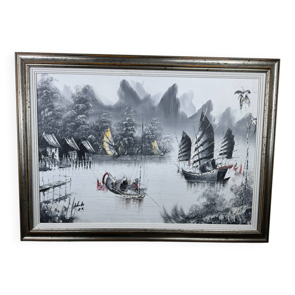 Grande huile sur toile tableau vintage peinture Japonisante | Selency