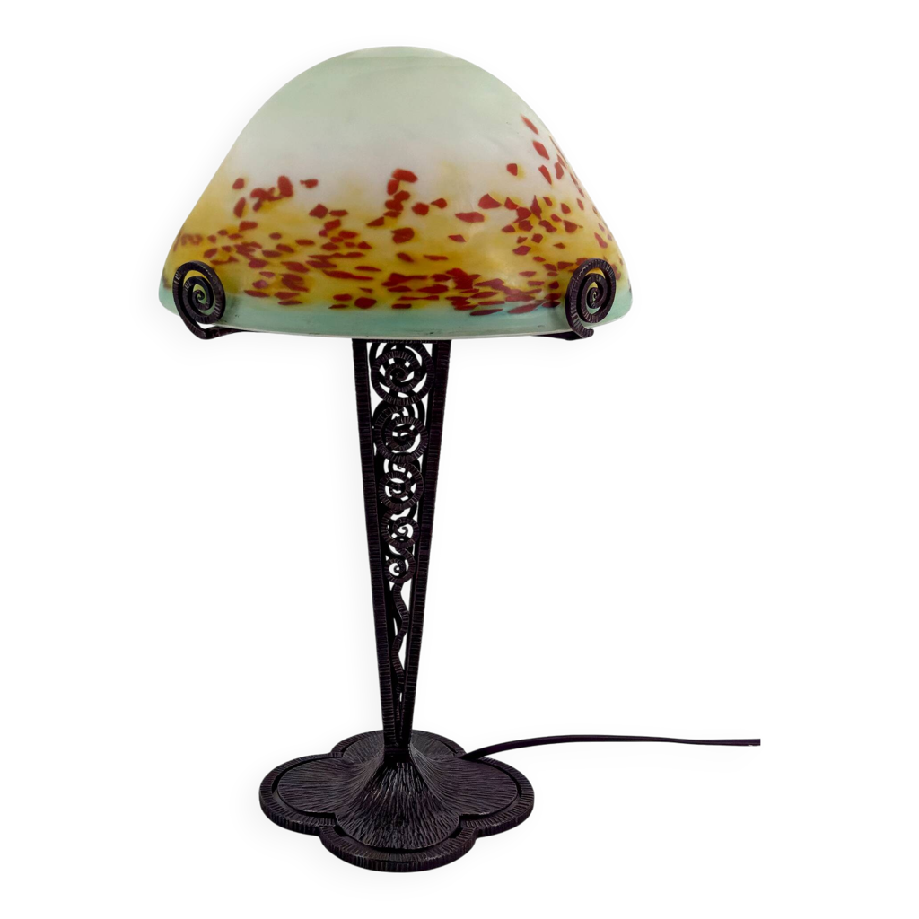 Lampe Champignon en Fer Forgé et Abat-jour en Pâte de Verre Soufflée ...