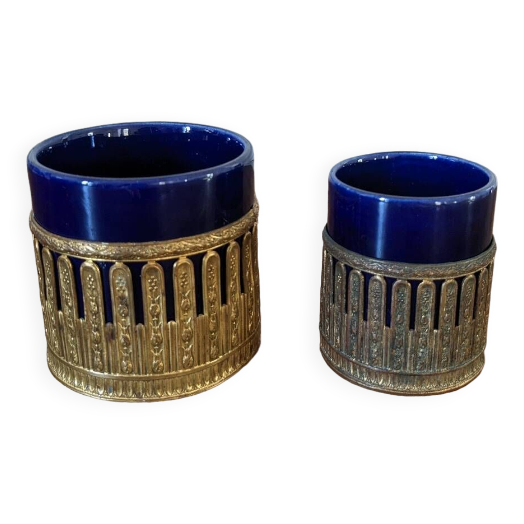 Ensemble de deux pots en faïence et laiton | Selency