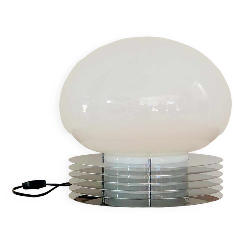 Lampe à poser en inox et verre opalin par Tronconi Illuminazione, Italie années 70 | Selency