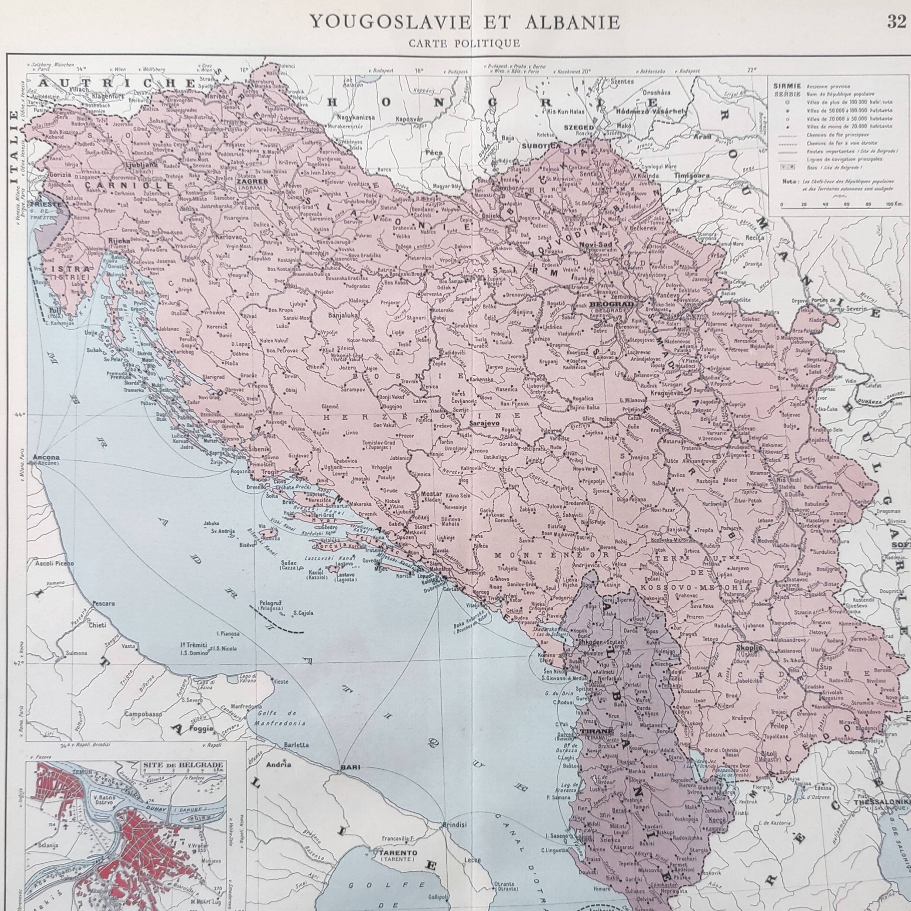 Carte ancienne Yougoslavie et Albanie 43x43cm de 1950 | Selency