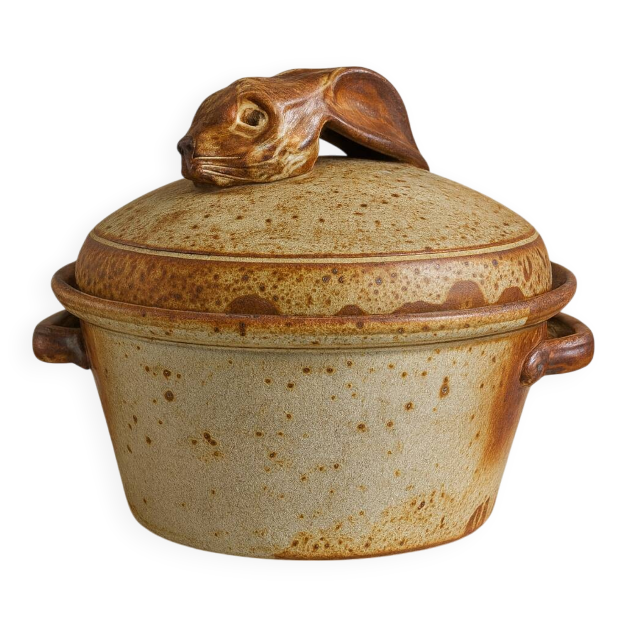 Terrine, cocotte en grès à décor de lièvre, années 70-80 | Selency