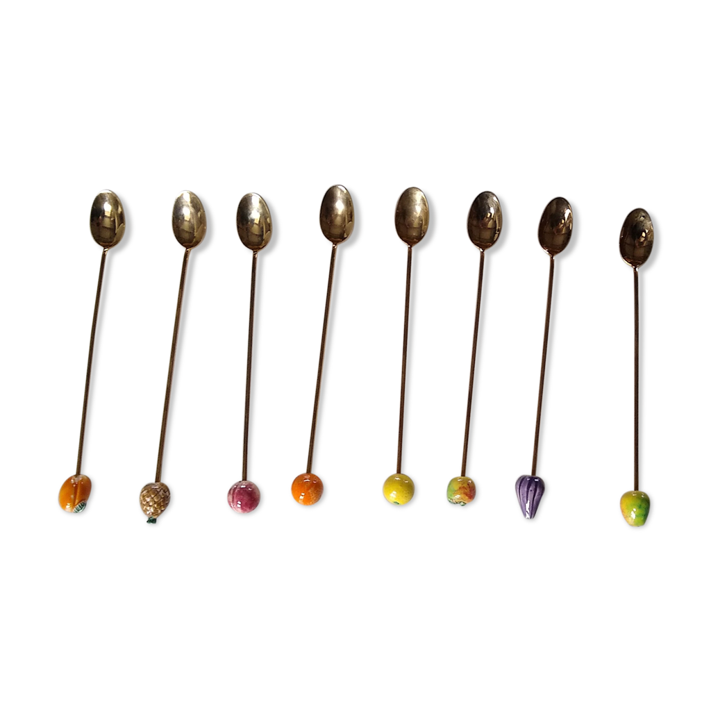 8 cuillères à cocktail dorées avec motifs de fruits en embout | Selency