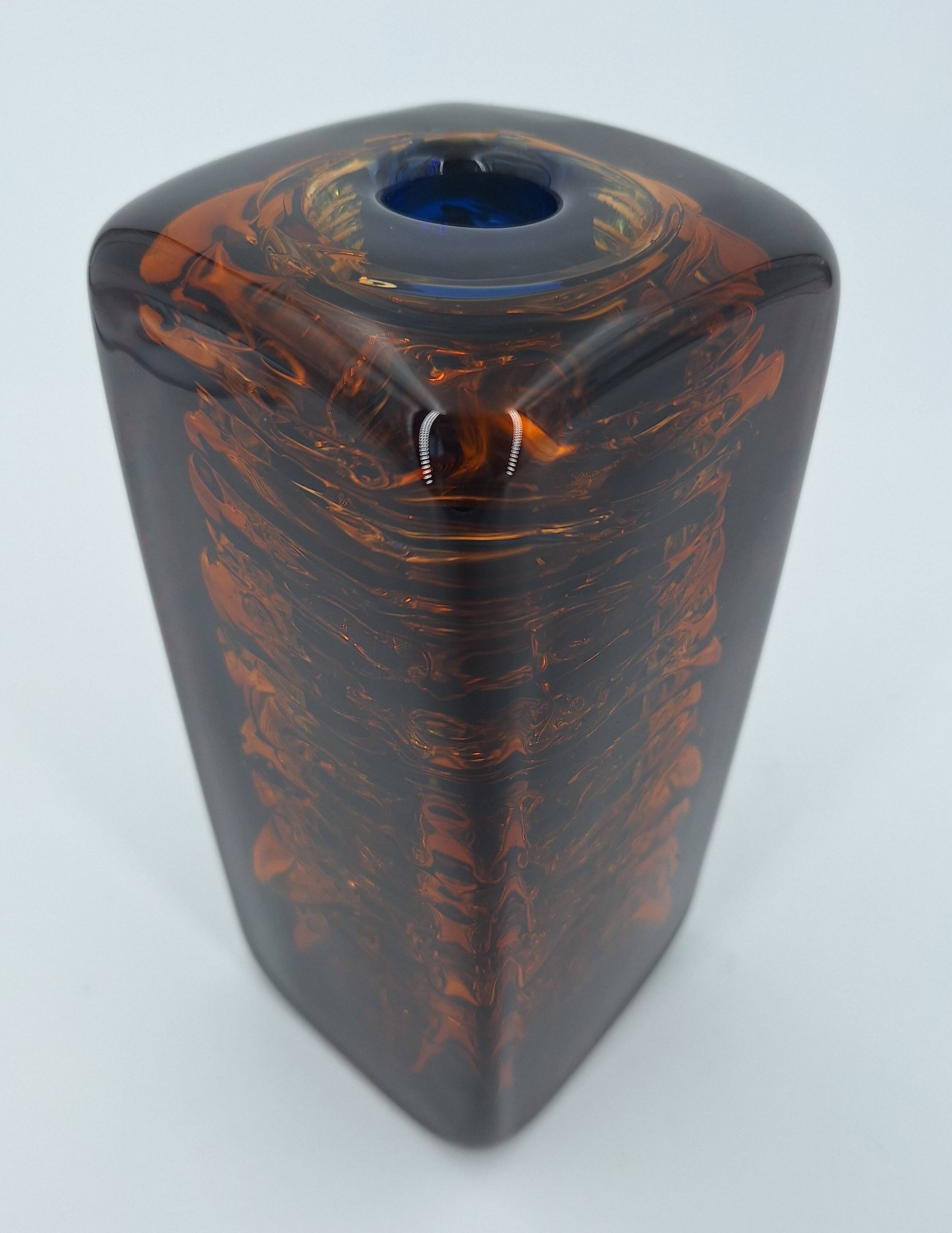 Brutalist modernist vase Frantisek Vizner amber and blue crystal with ...
