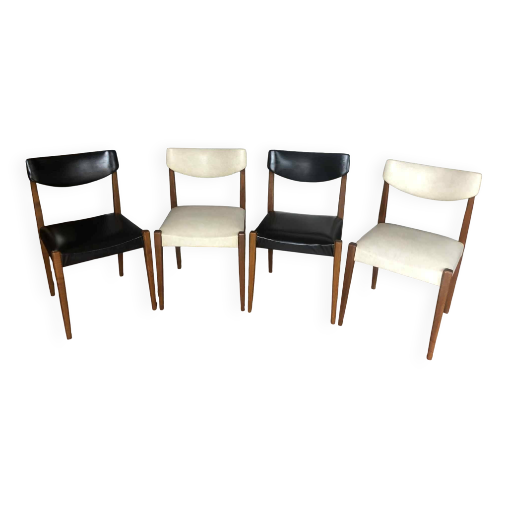 Lot de 4 chaises bois et simili cuir noir et blanc, chaise scandinave ...