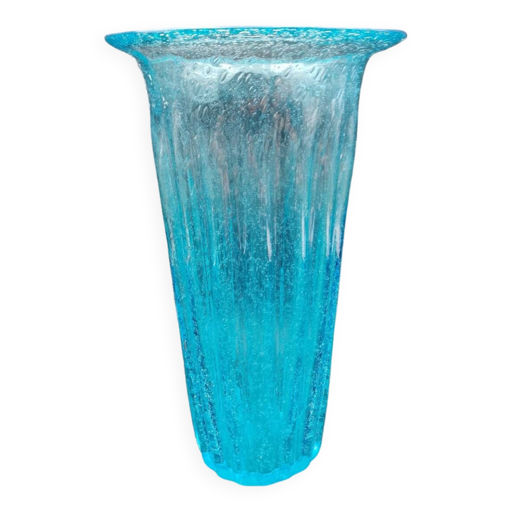 Grand vase en verre bullé soufflé texture cotelé bleu ciel vintage ...