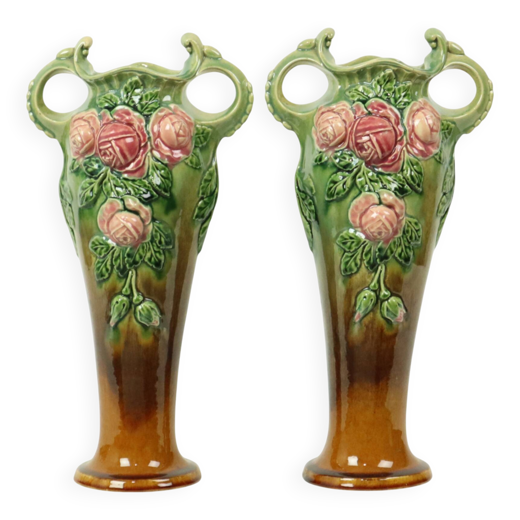 Vases en majolique Art Nouveau émaillés Roses HTB 37cm | Selency