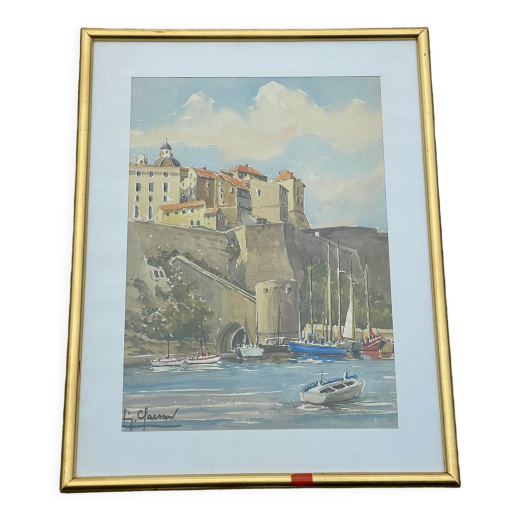 Tableau aquarelle de Calvi en Corse signé Léon Claessens 1977 | Selency