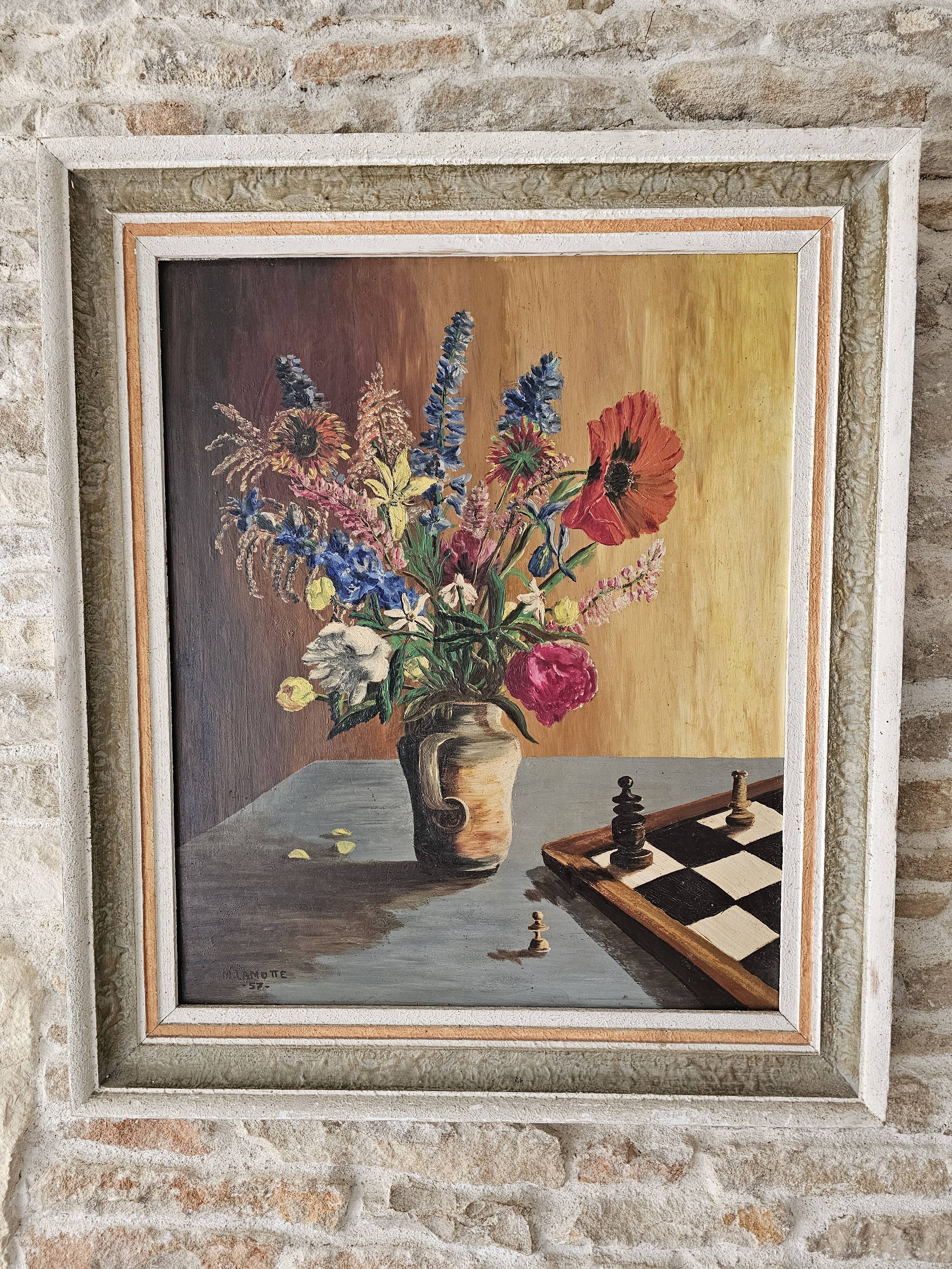 Tableau Huile sur Isorel - Bouquet de fleurs / Jeu d'échec - Michel ...