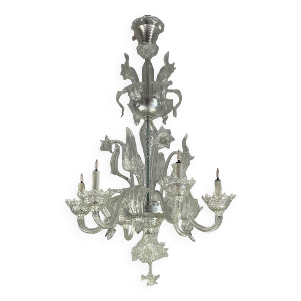 Lustre vénitien en verre de murano incolore, 6 bras de lumière vers ...