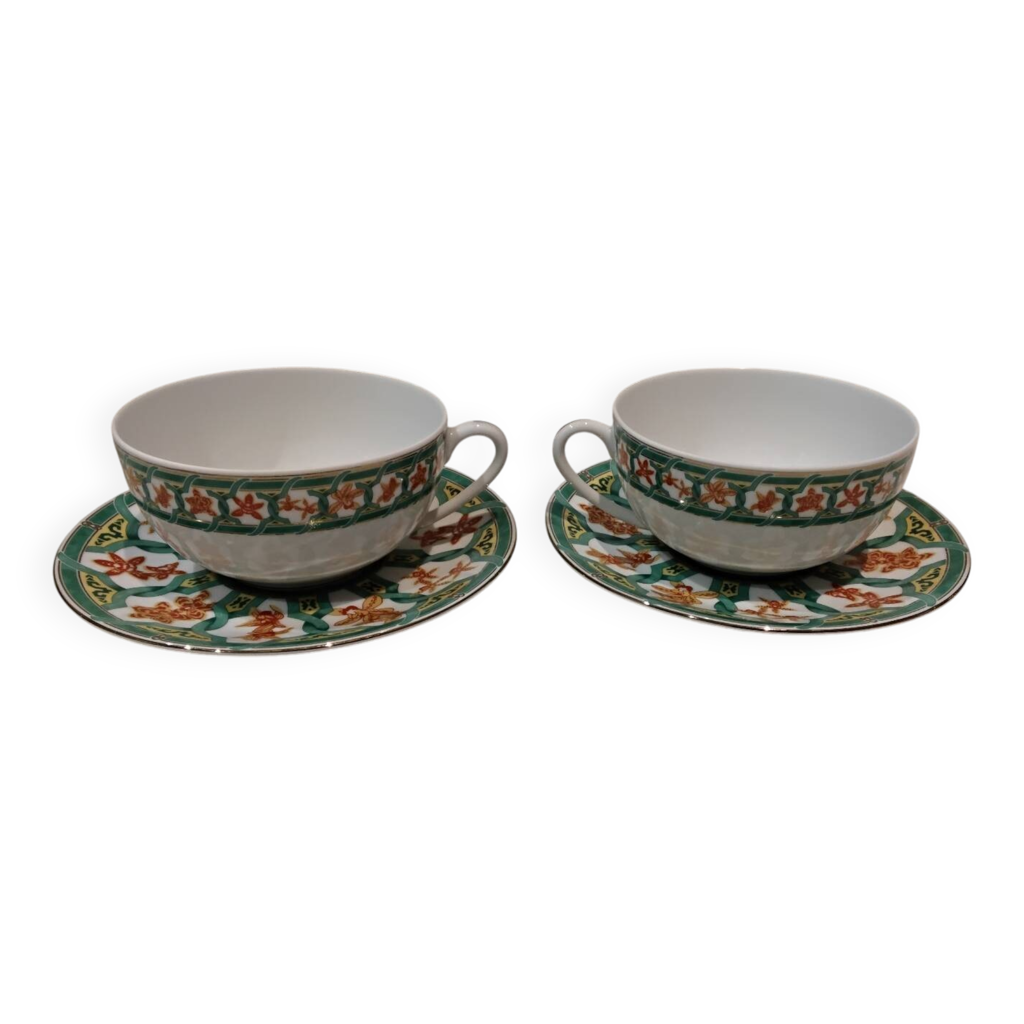 2 tasses a dejeuner 2 sous tasses porcelaine Christofle oceana vert ...