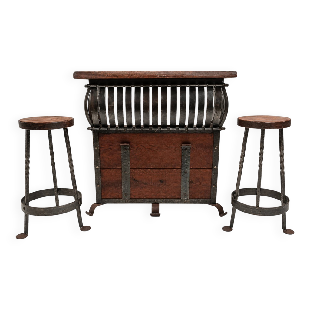 Lot Bar et tabouret en fer forgé et bois | Selency