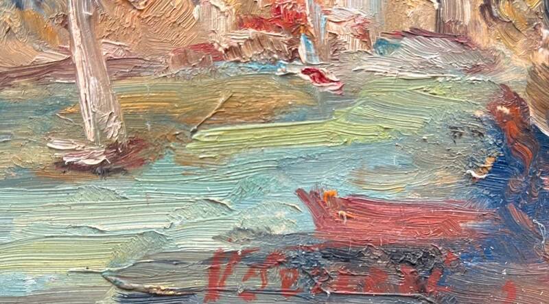 Tableau vintage paysage marin bateaux peinture signée Victor Ferrerri ...