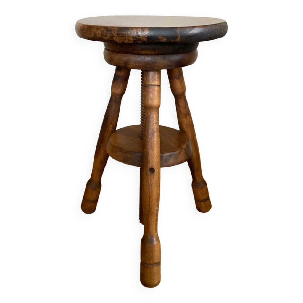 Tabouret en bois à prise centrale piétement quadripode époque XXe | Selency