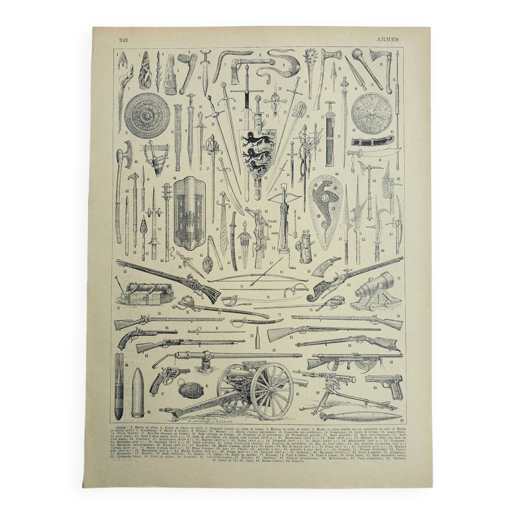 Old engraving 1928, Weapons, swords, rifle, armory, pistol • Lithograph ...