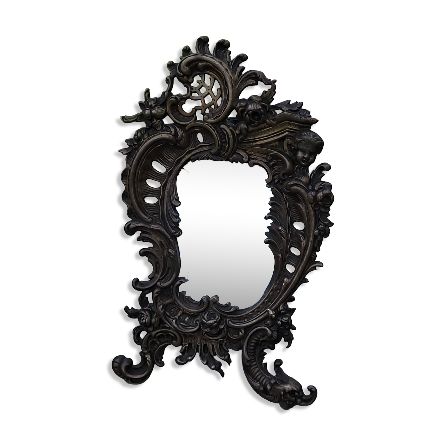 Miroir de table sur pied en bronze ancien biseauté Fin XIXe | Selency