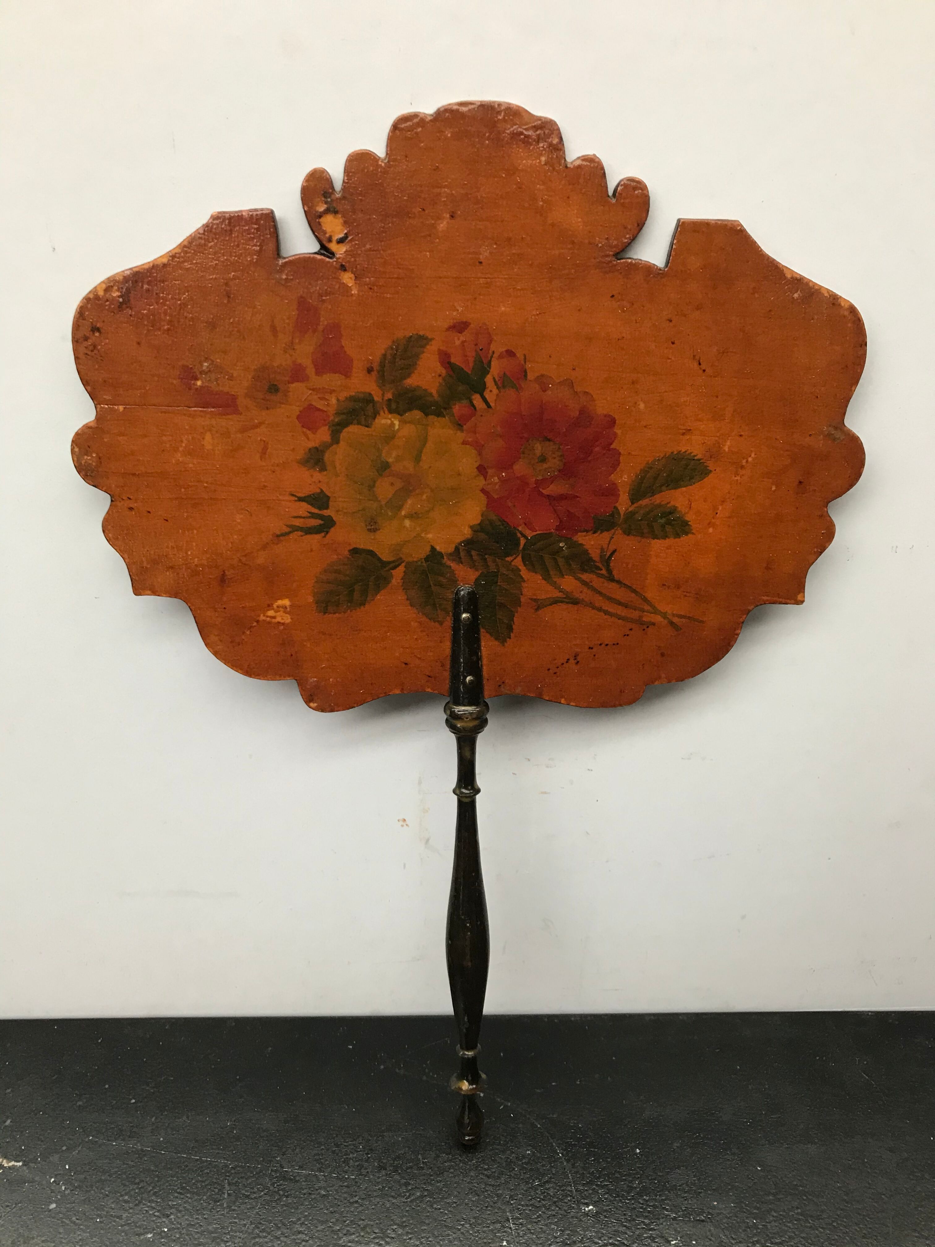 Éventail en bois peint avec manche tourné style Napoleon 3 vintage ...