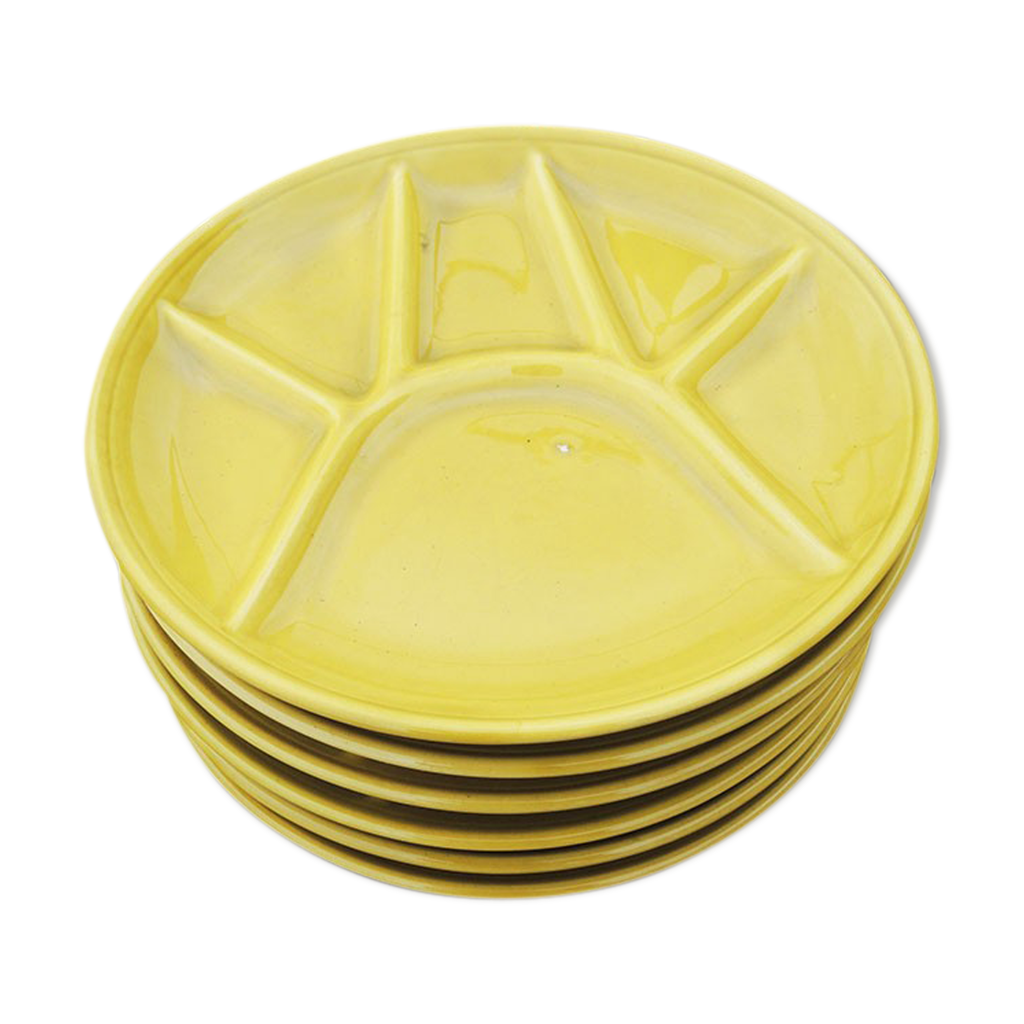 6 assiettes à raclette, fondue en céramique jaune | Selency