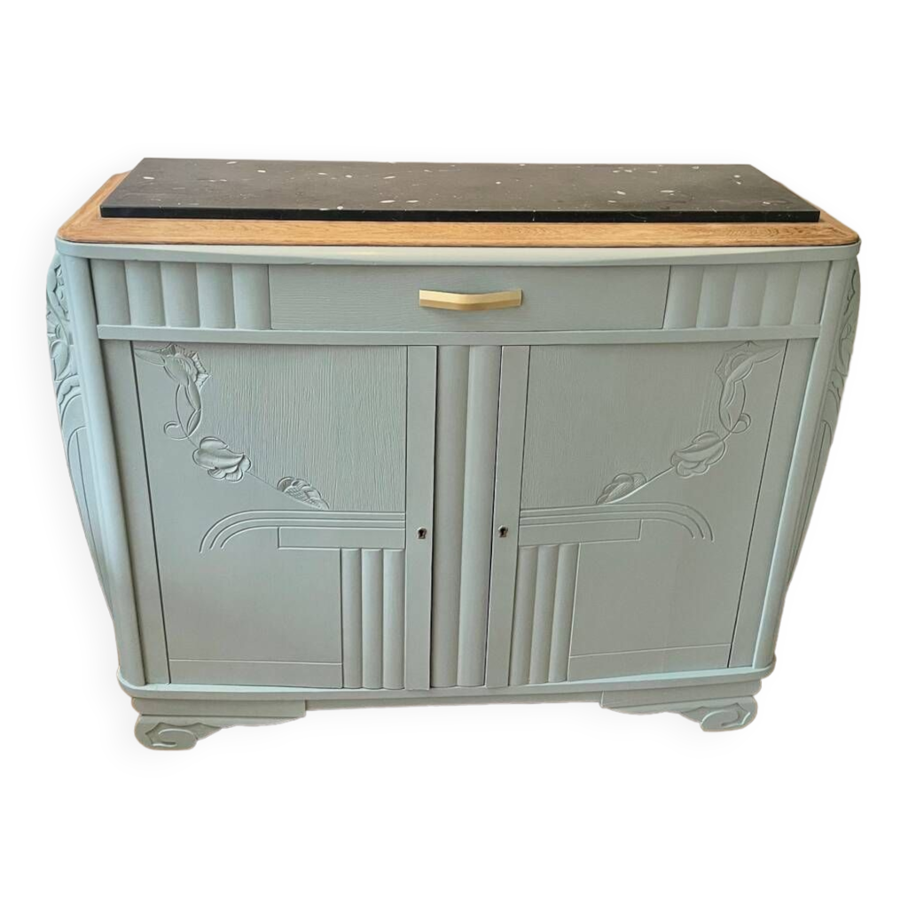 Buffet art déco relooké vert sauge plateau marbre | Selency