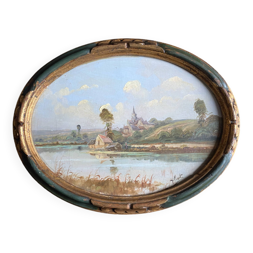 HSP painting "Lake landscape in the village" ec. barbizon signed ...