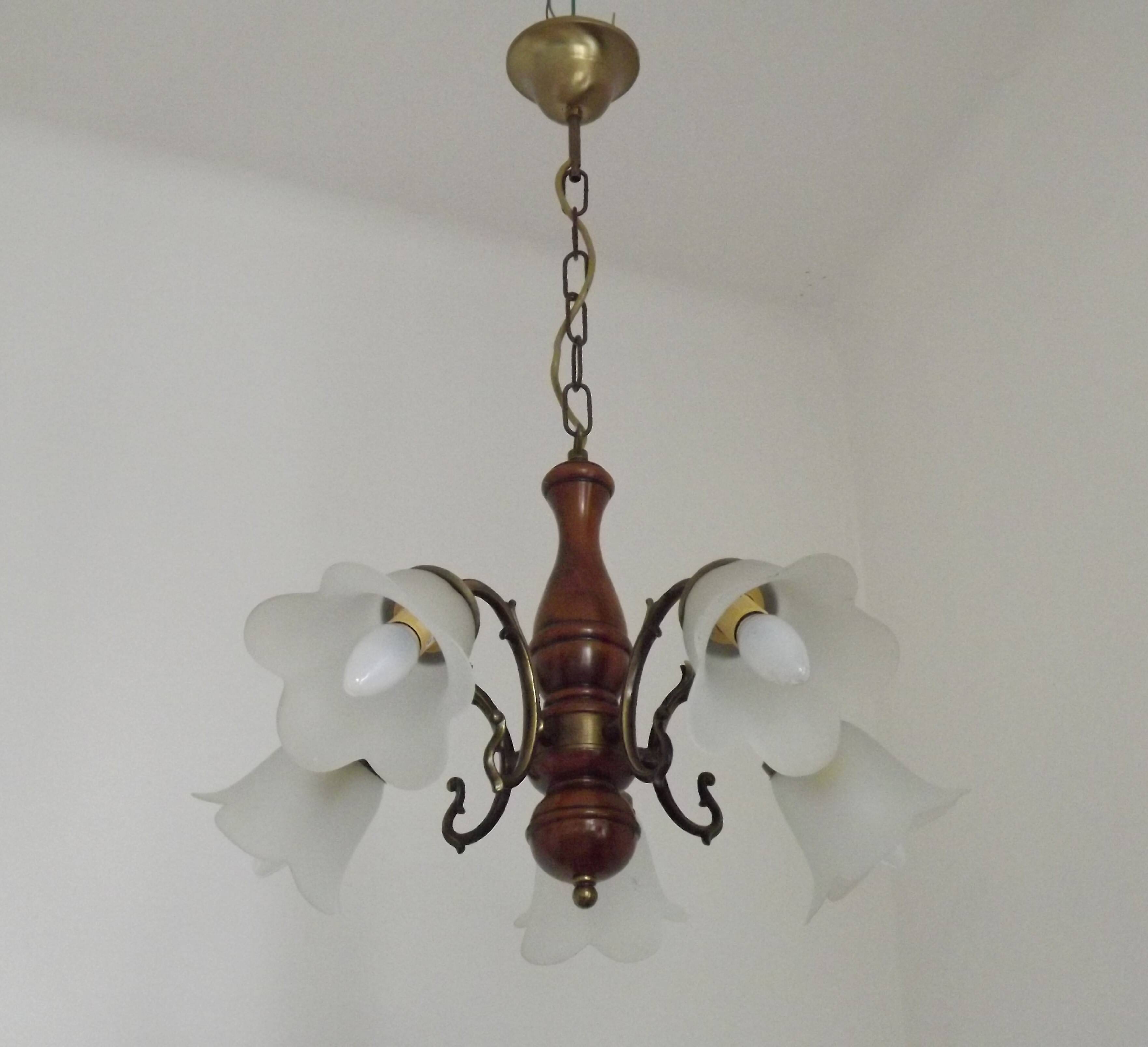 French Mid Century Bronzed Metal & Wood 5 Light Chandelier Glass Shades ...