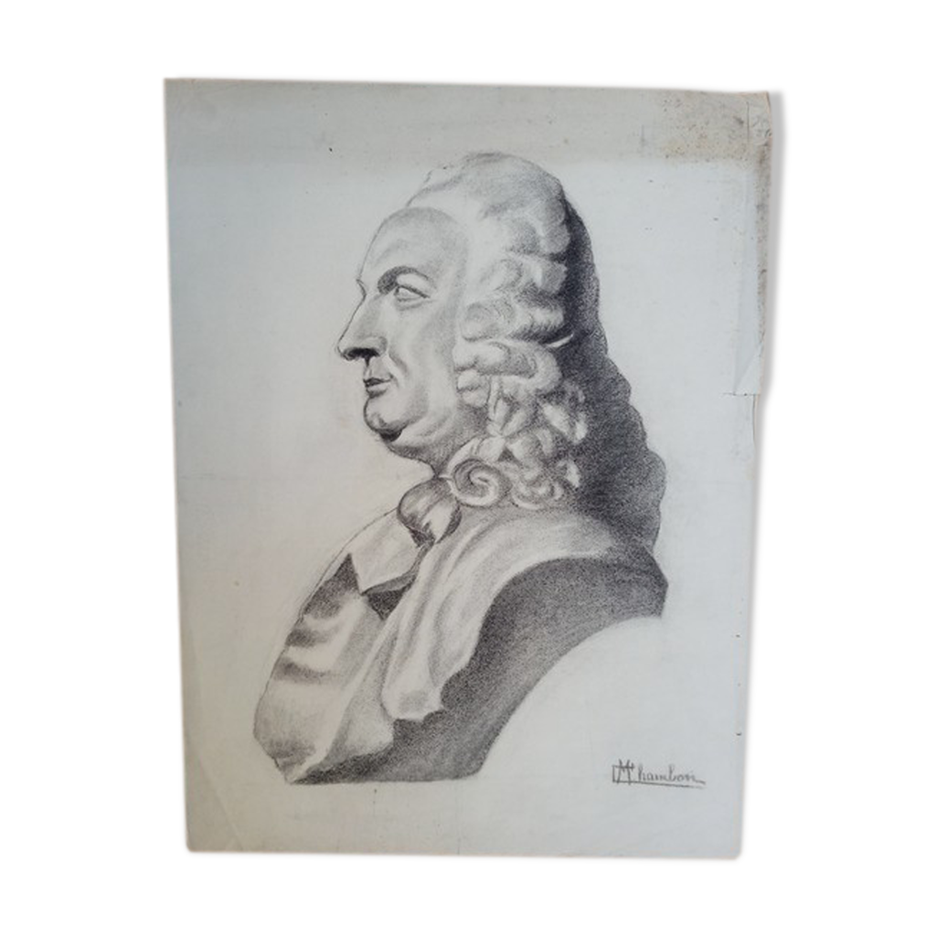 Dessin fusain buste tete couronnée, M.Chambon 63/48cm | Selency