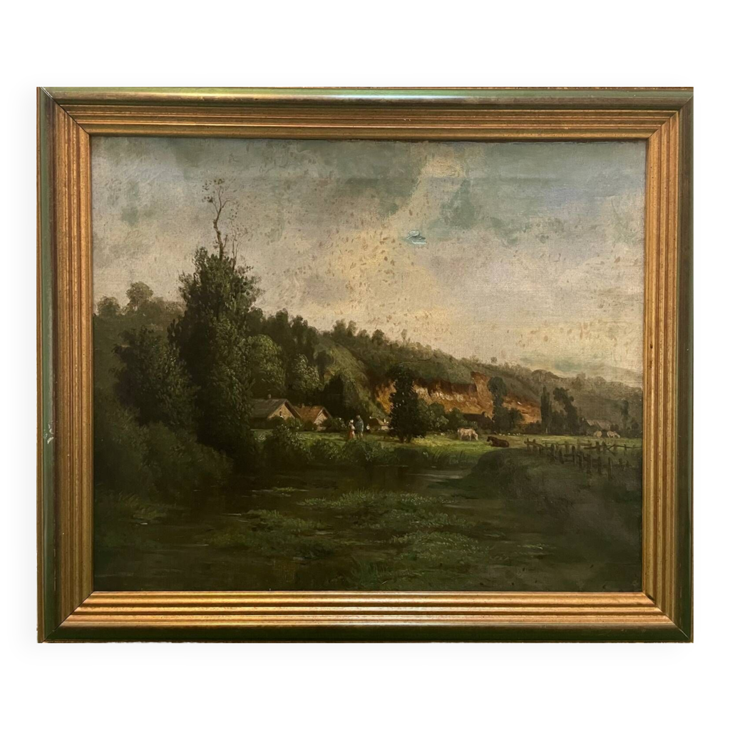 Tableau ancien paysage animé XIXe | Selency