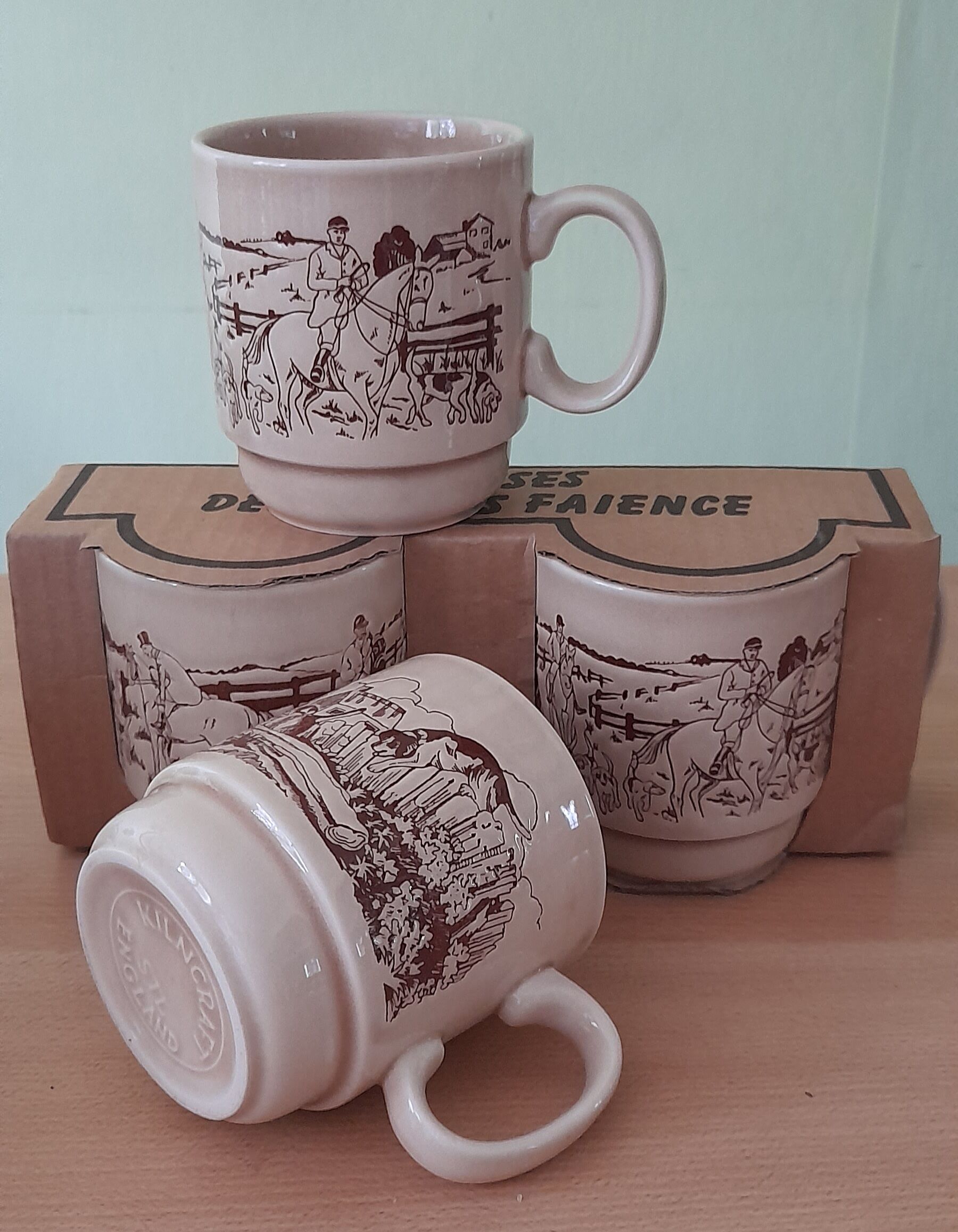 4 tasses mugs marron beige KilnCraft Stl England déco chasse à courre ...