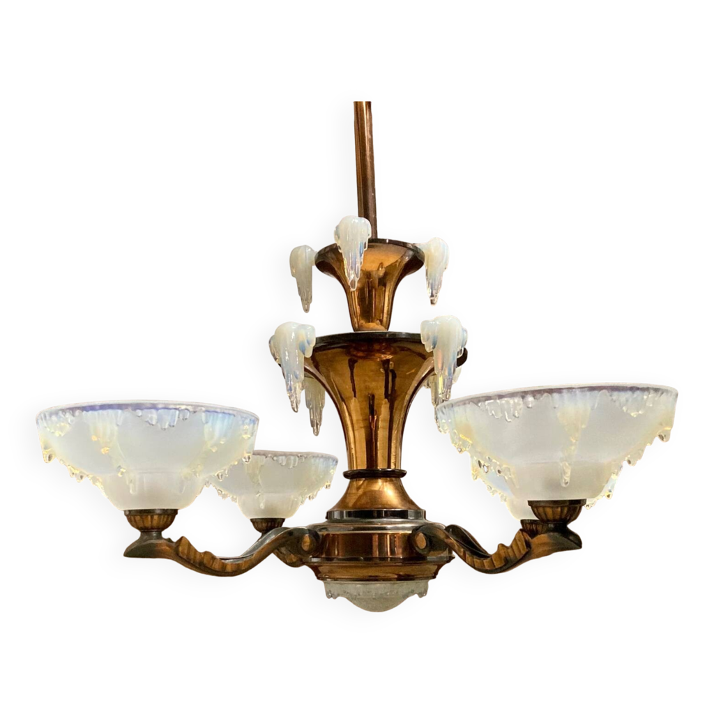 Lustre art déco Ezan cuivre et verre opalescent | Selency