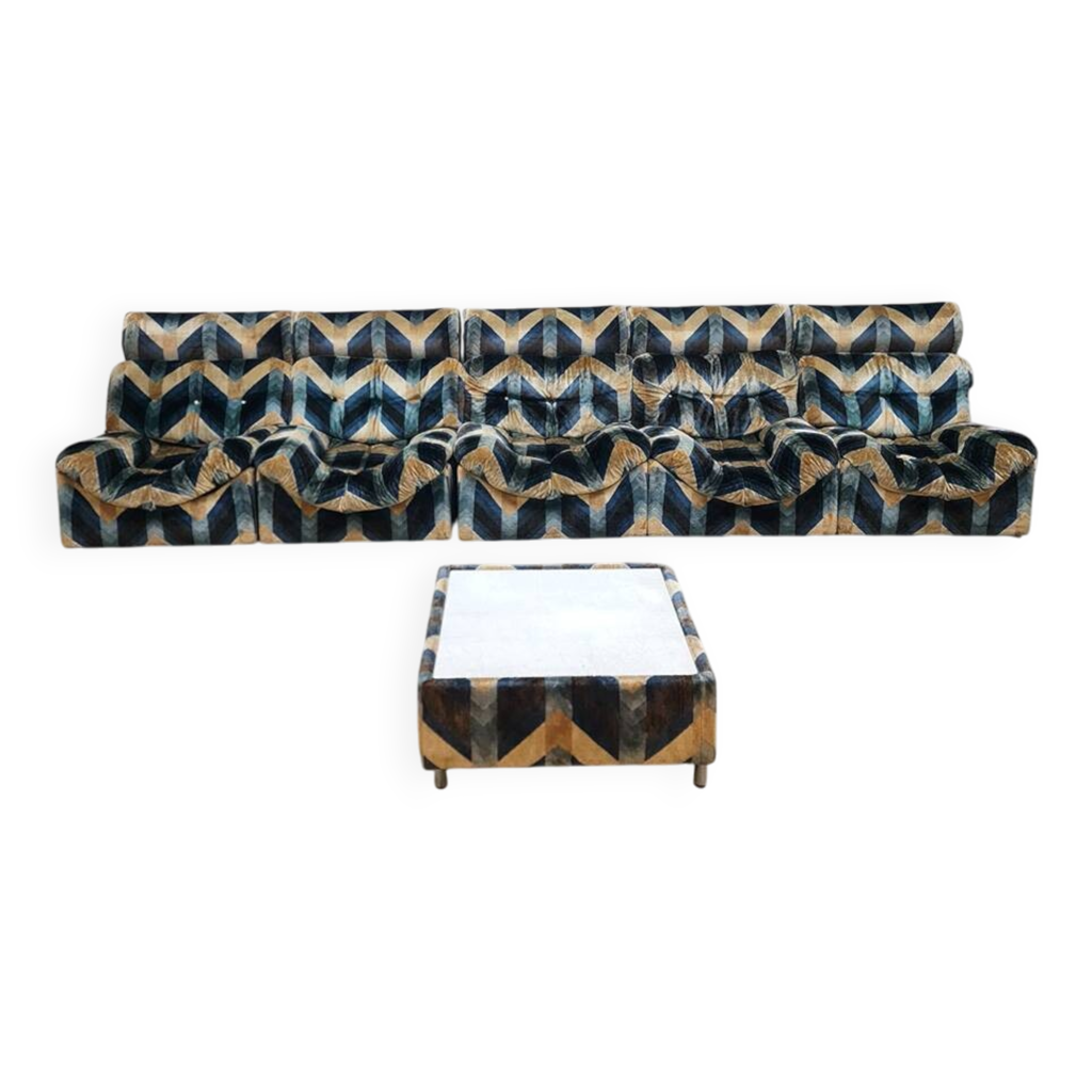 Canapé modulable vintage en velours « Lignes géométriques » | Selency