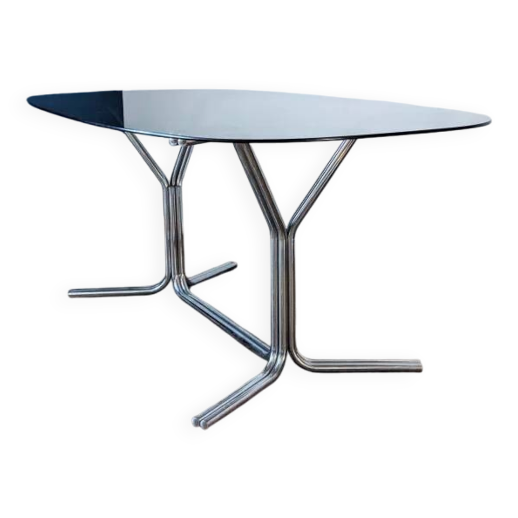 Grande table à manger chrome et verre fumé DLG Gaston Rinaldi | Selency